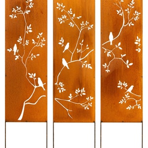 Rusty Metal Privacy Screens, Birds on Branches W/ Garden Stakes, Metal ...