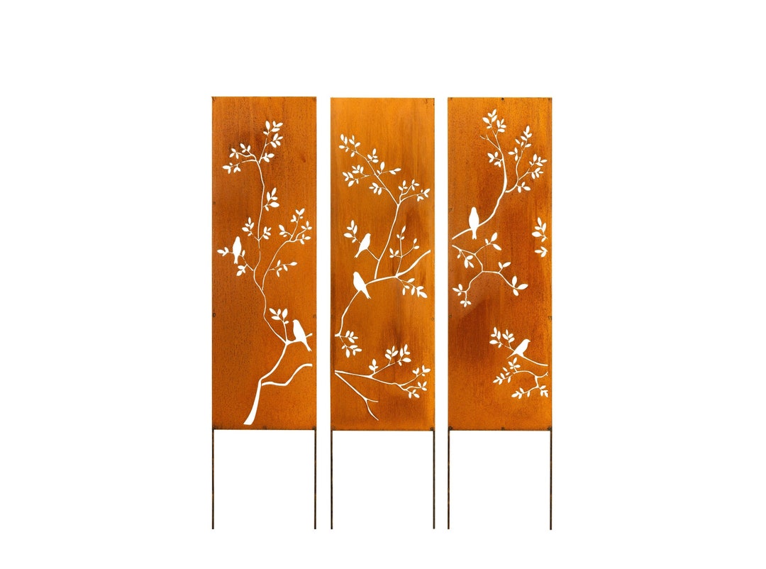Rusty Metal Privacy Screens, Birds on Branches W/ Garden Stakes, Metal ...