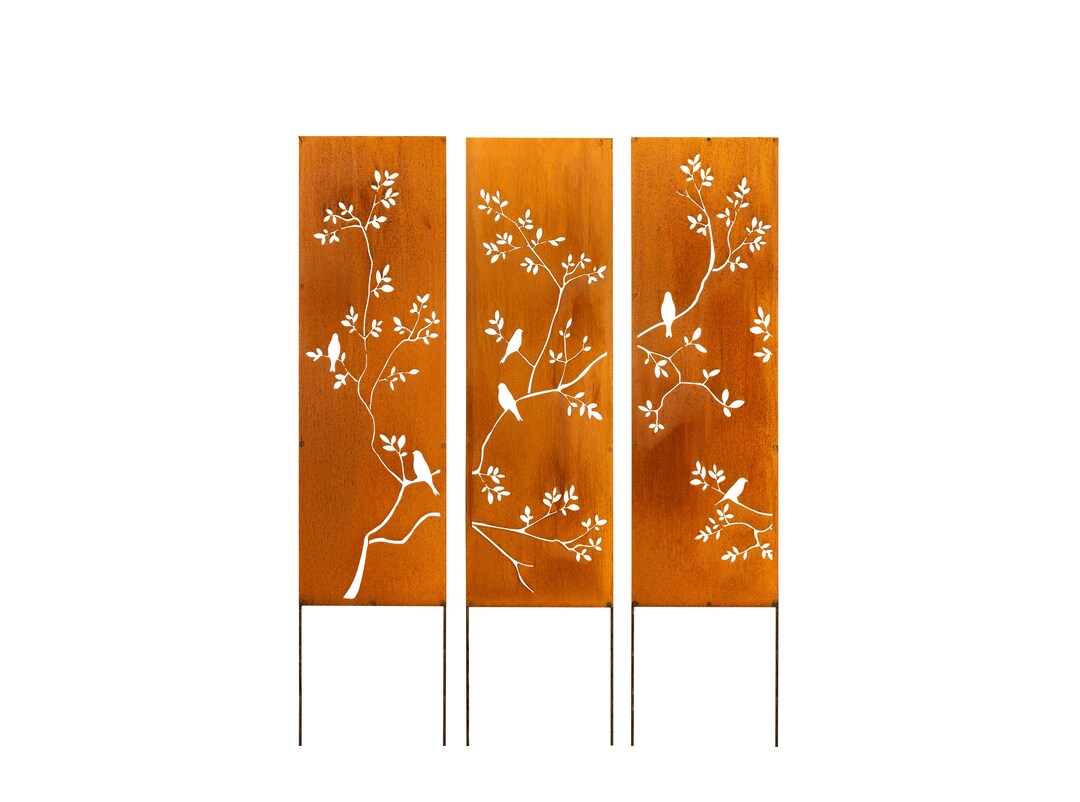 Rusty Metal Privacy Screens, Birds on Branches W/ Garden Stakes, Metal ...