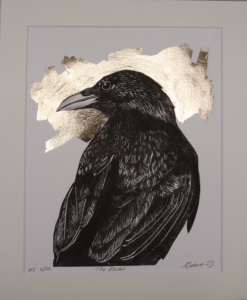 Raven Linocut Print With Gold Leaf, Signed Limited Edition - Etsy