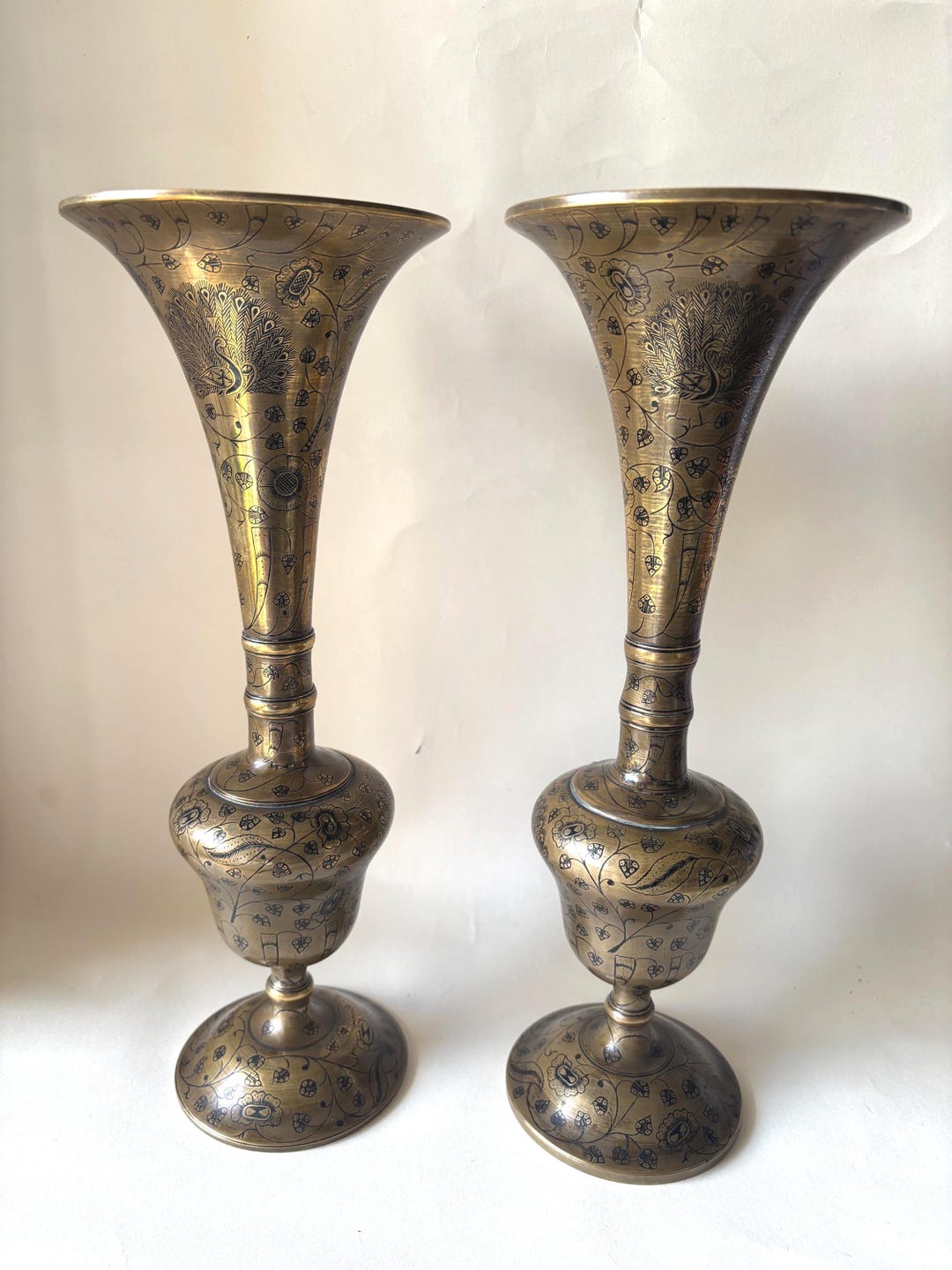 Antique Indian Brass Niello Engraved Peacock Vase Pair X2 - Etsy