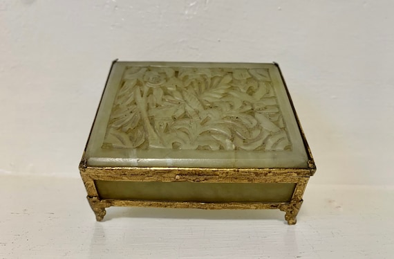 Antique Chinese Jade Carved And Brass Gold Gilded Jewel… Gem