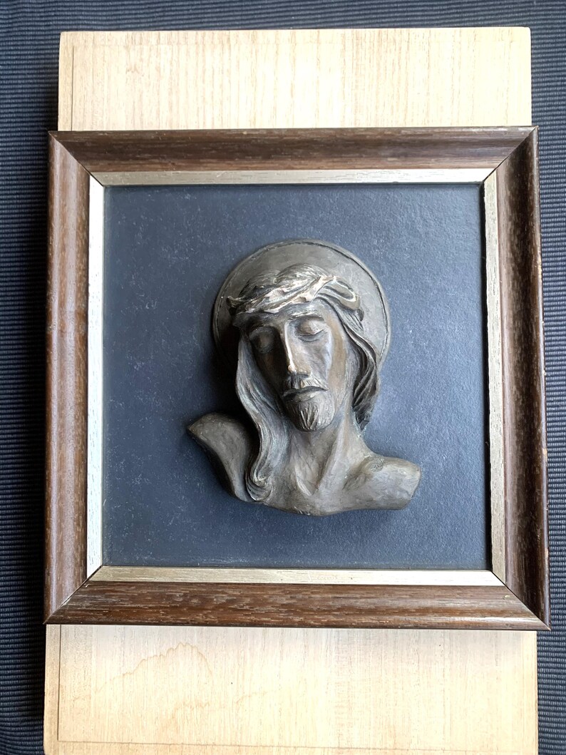Antique Pottery Sculptured Jesus Bust on Slate Tile in Wooden Frame - Etsy