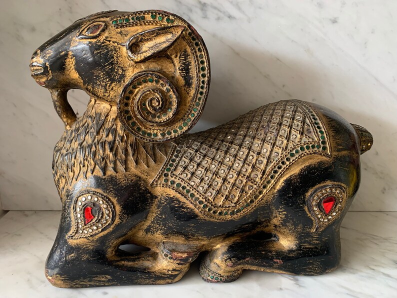 Antique Indian Gilt Wooden Carved Ram Sculpture - Etsy