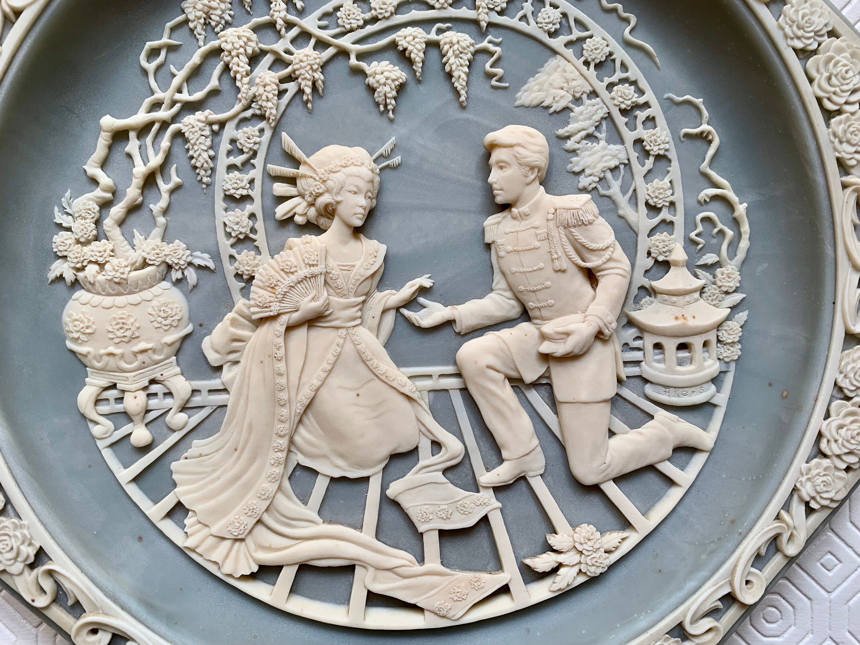 Vintage Incolay Stone Carved 3D Love Story Pictorial Wall Plate X 3 ...