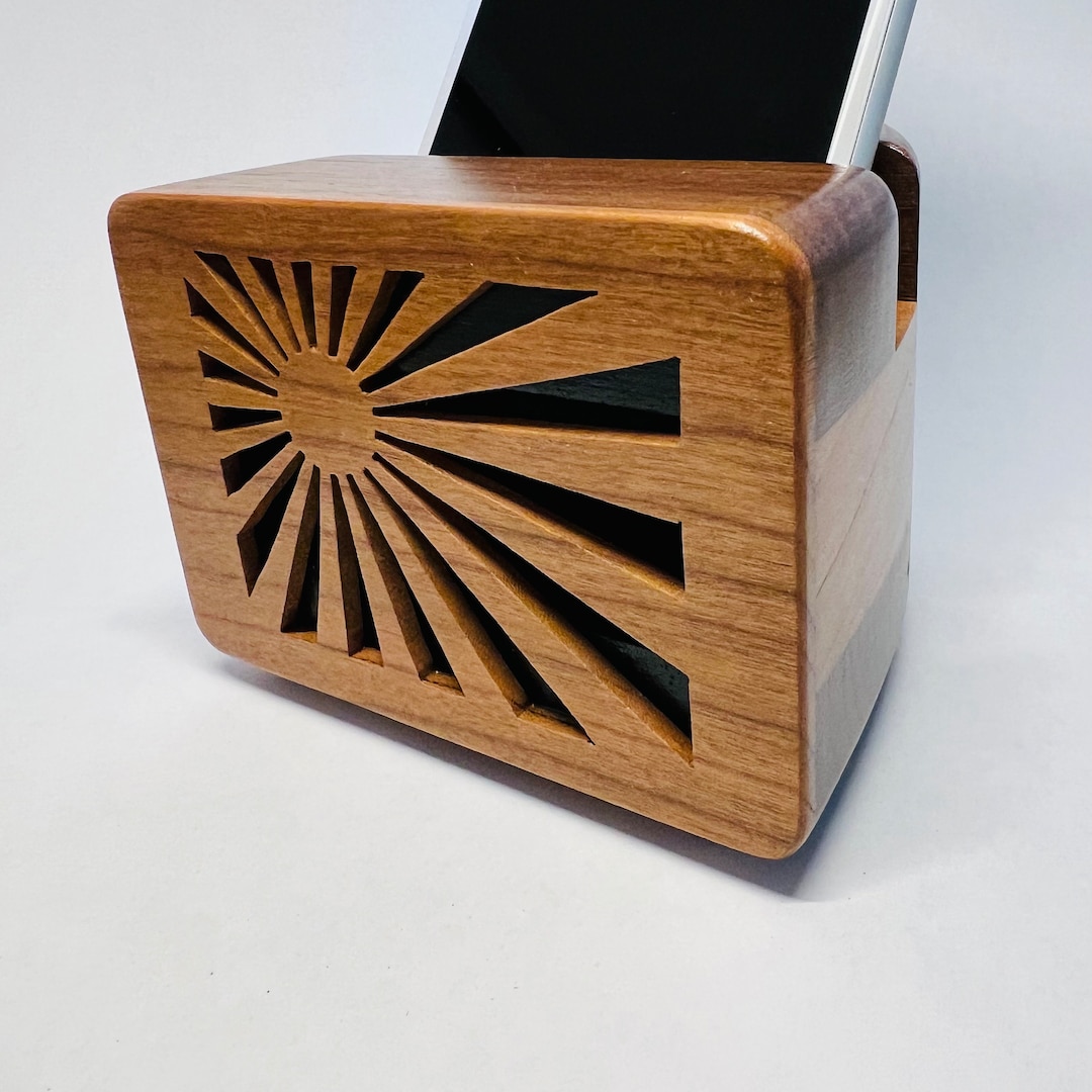 Walnut & Cherry Cell Phone Speaker W/ Sun Ray Design - iPhone Speaker ...