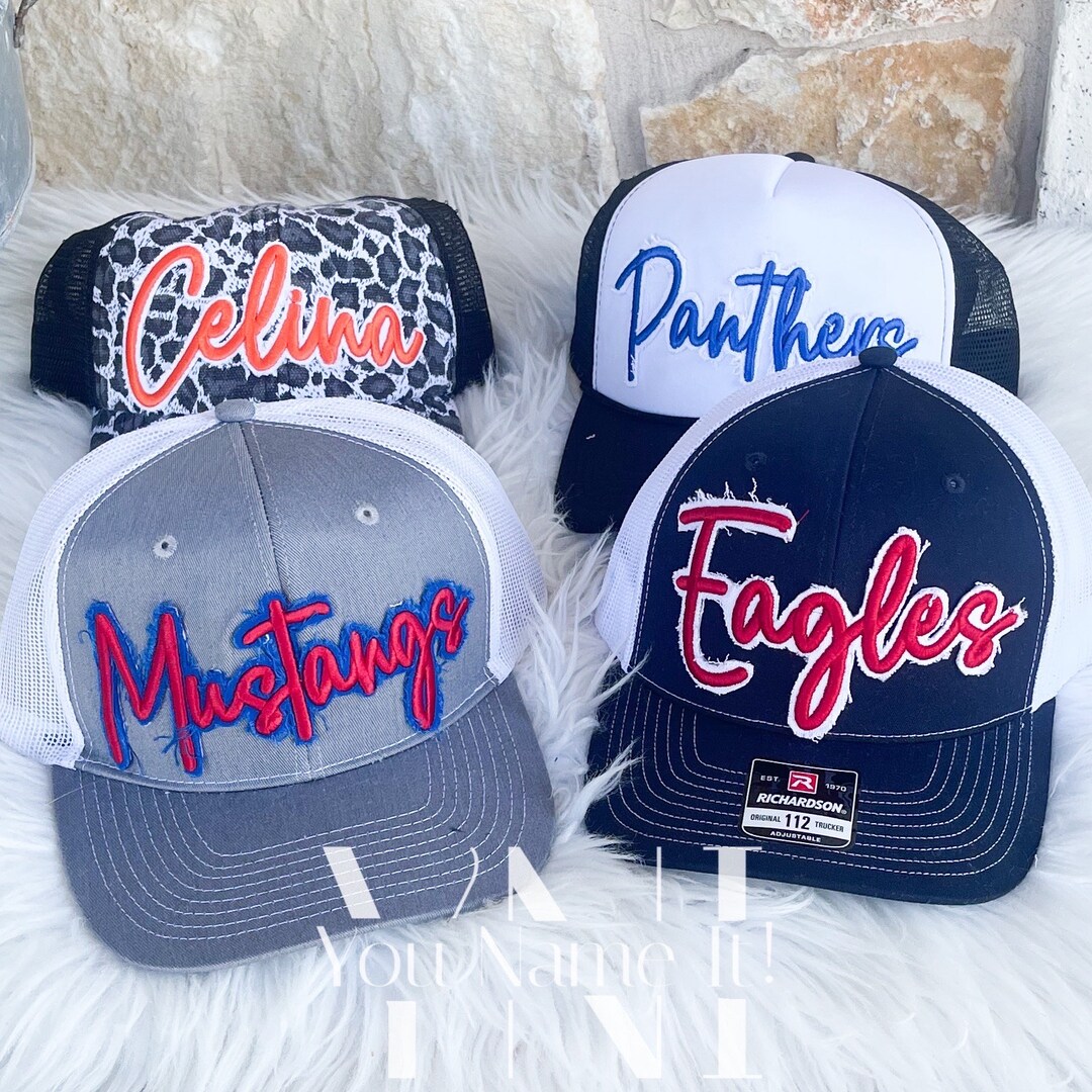 3D Puff Dimensional Script Team or School Hat With Frayed Fabric (H002 ...