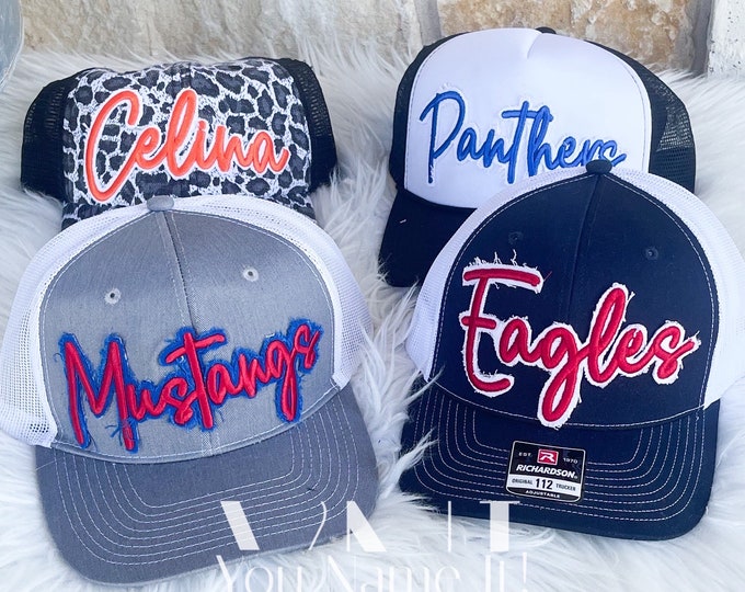 3D Puff Dimensional Script Team or School Hat With Frayed Fabric (H002 ...