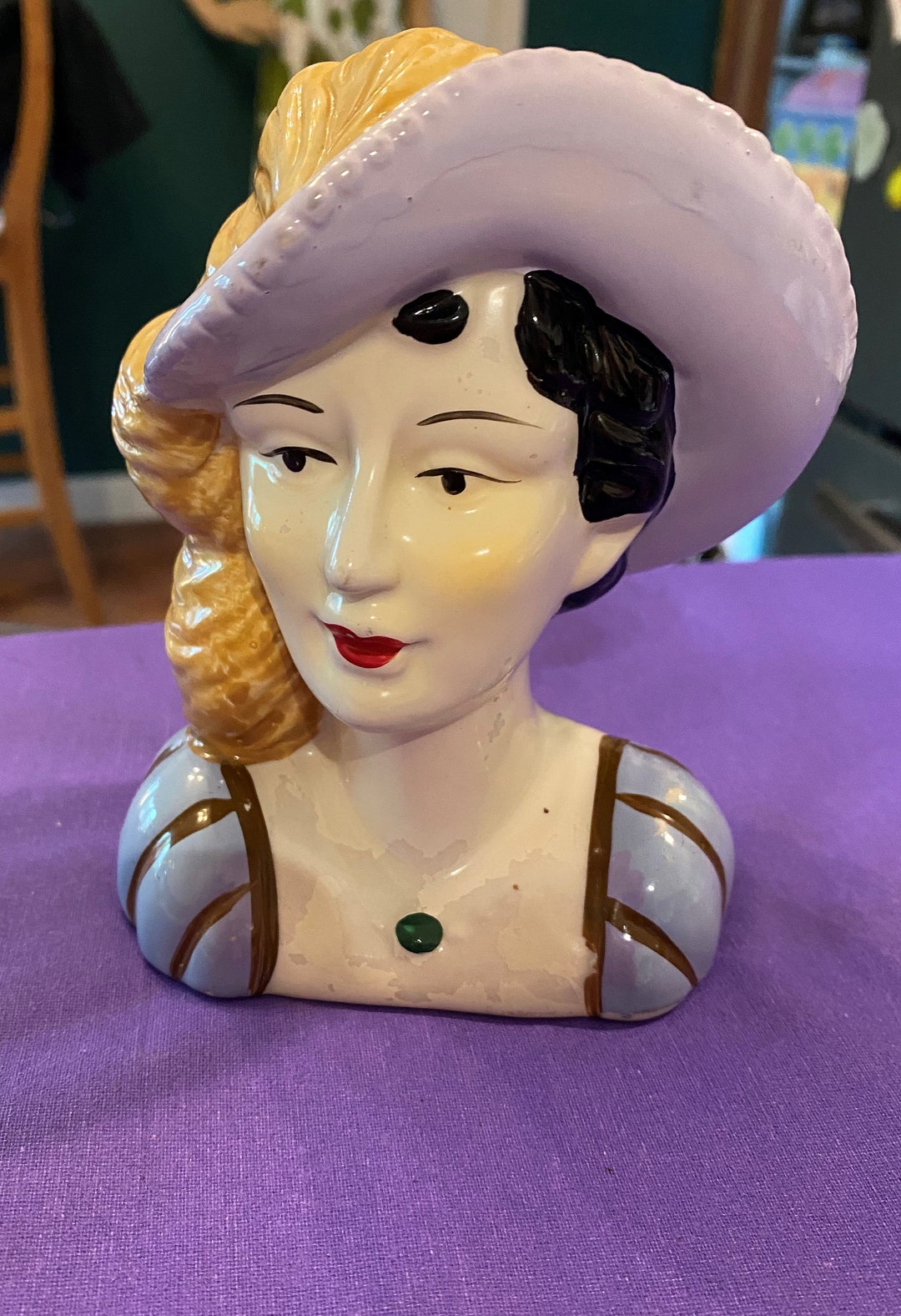 Vintage Ceramic Dark Haired Lady Head Bust Lavender Hat With Yellow ...