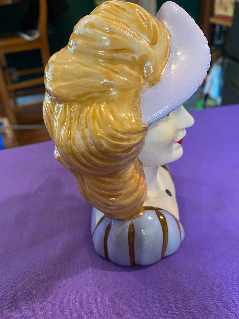 Vintage Ceramic Dark Haired Lady Head Bust Lavender Hat With Yellow ...