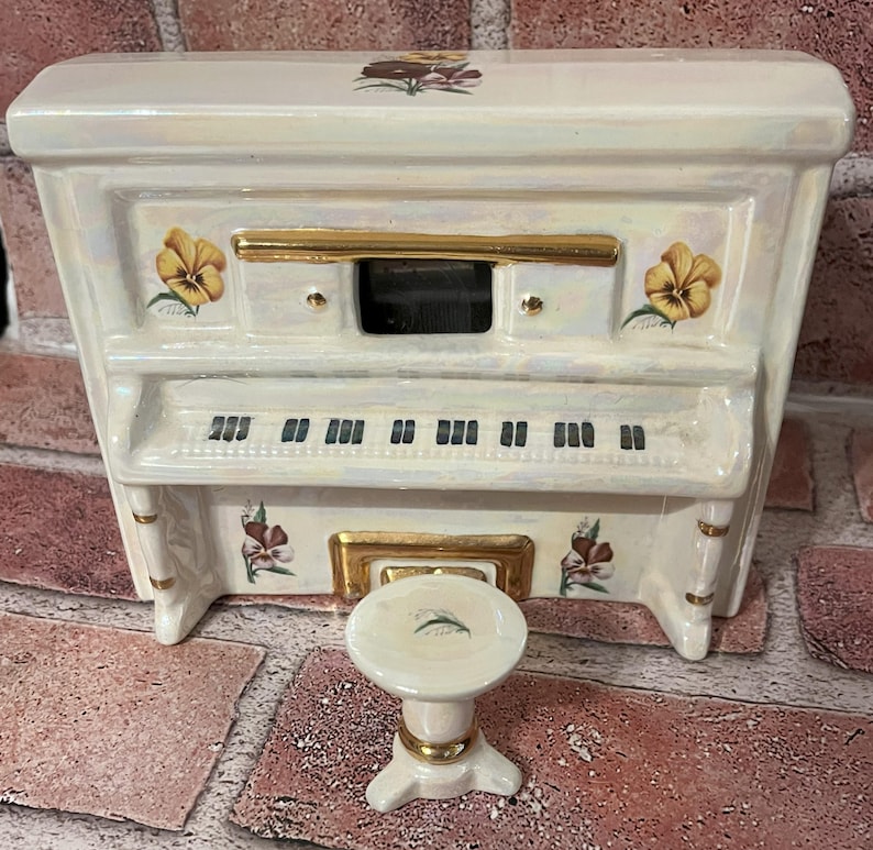 Iridescent White Ceramic Upright Piano Music Box With Stool. Yellow and ...