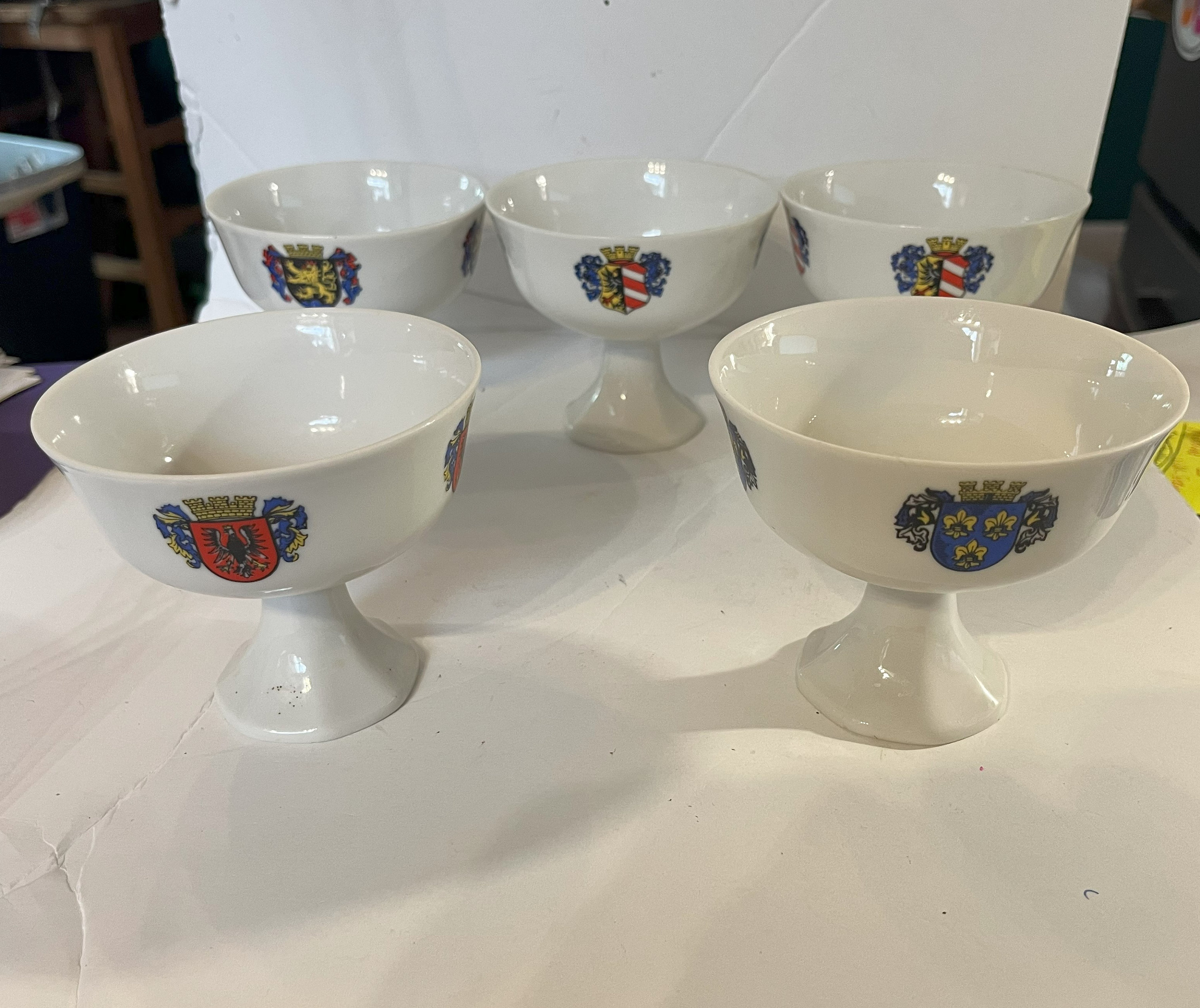 Five Vintage Various European Family Crest White Ceramic Chalice ...