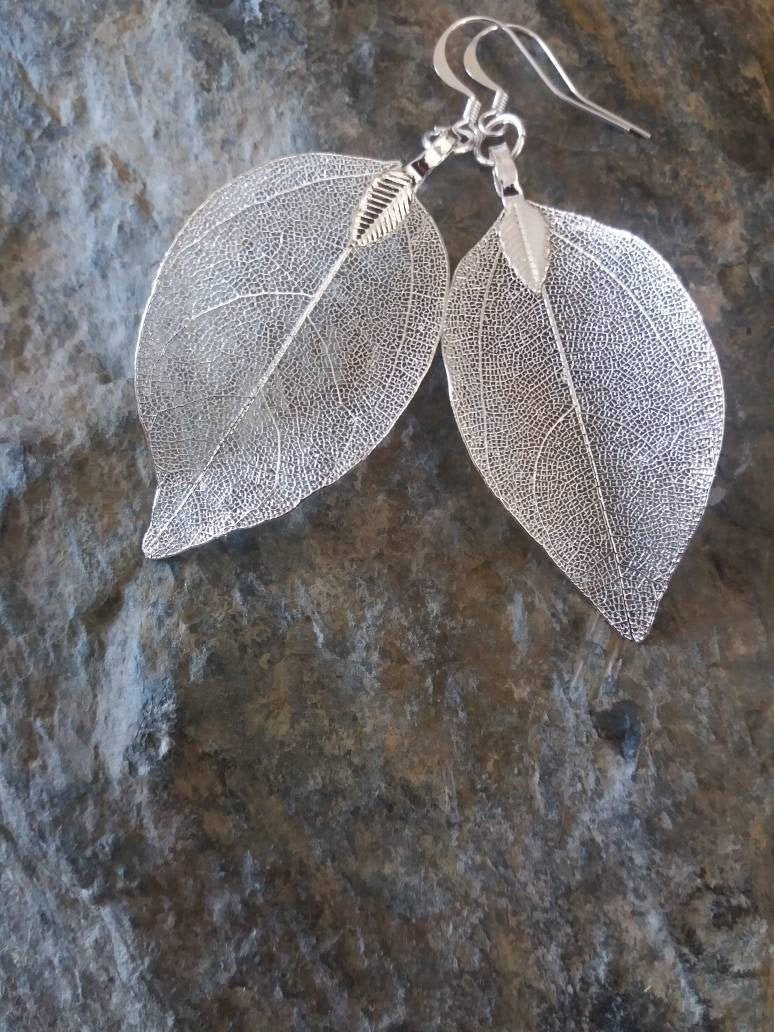 Real Leaf Earrings, Sterling Silver, Silver Dipped Leaves Natural ...