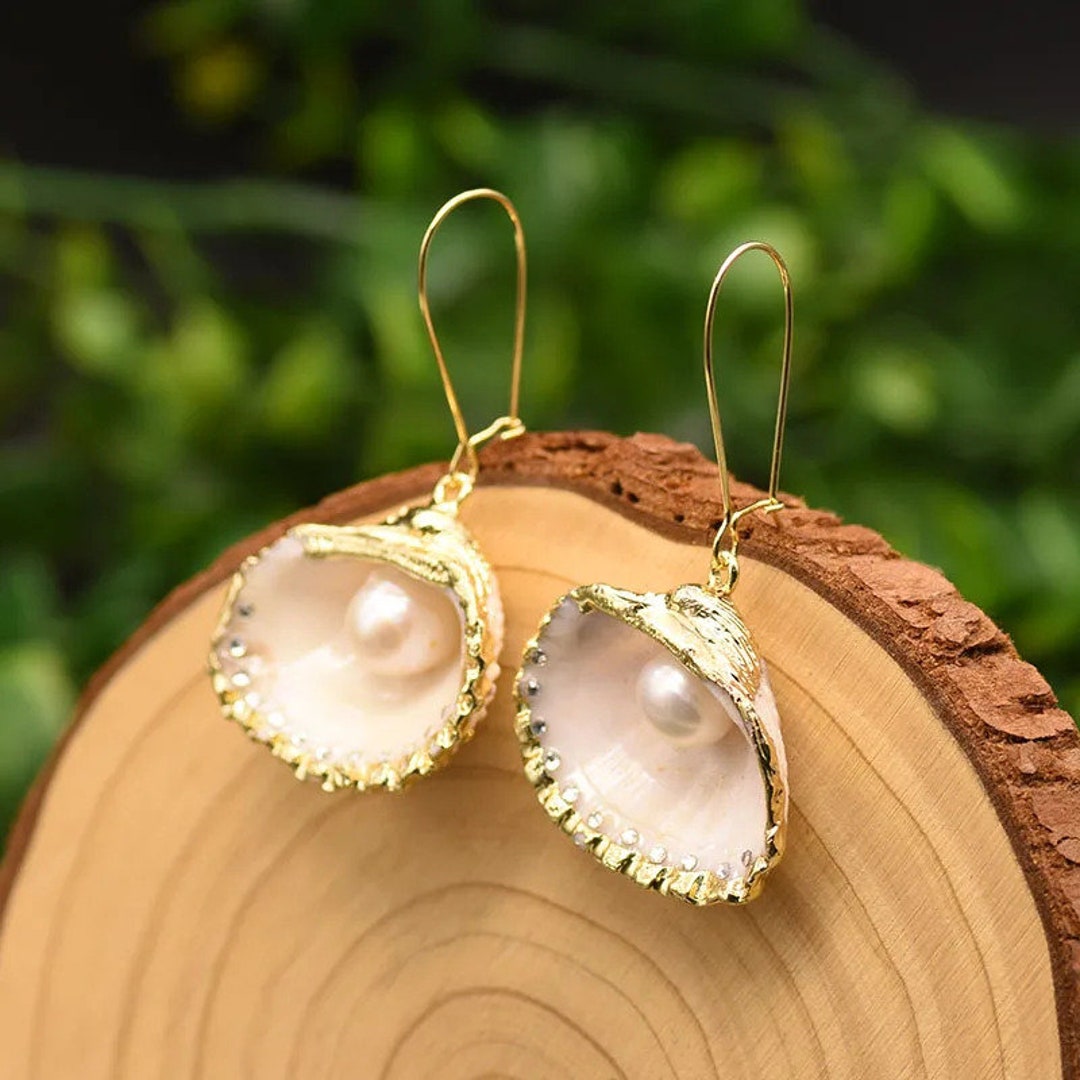Pearl Gold Seashell Real Sea Shell Earrings Sea Shell Jewelry Gold ...