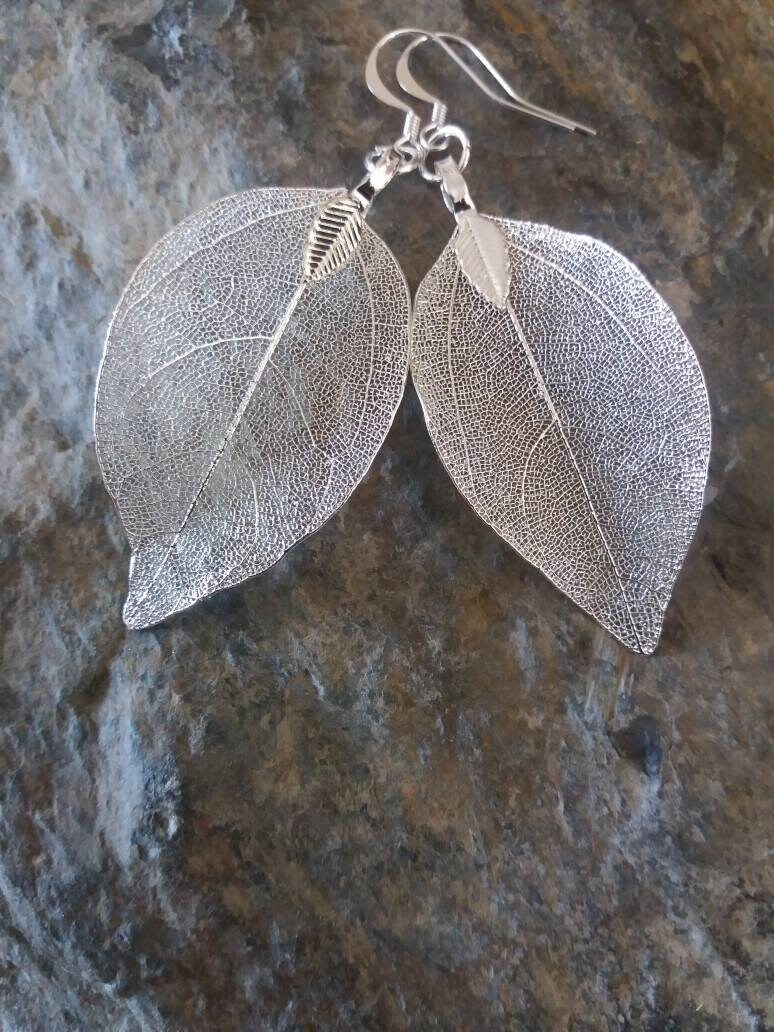 Real Leaf Earrings, Sterling Silver, Silver Dipped Leaves Natural ...