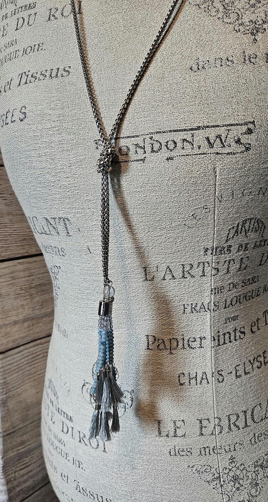 2kk Designer WHBM - Baby Blue Silver Tone Chain Necklace Tassel Pendant ...