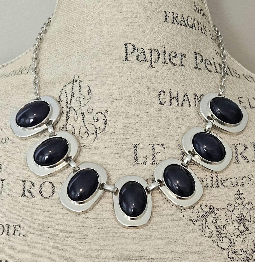 6E Black Beautiful Silver Tone Chain Link Pendant Statement Necklace ...