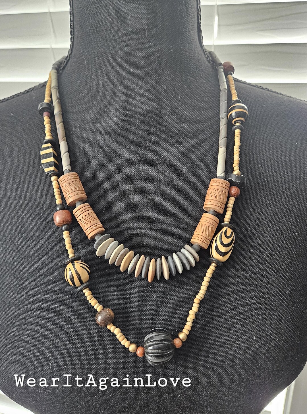 KG4 Two Carved Wood Ceramic Clay Beaded Necklaces - Etsy