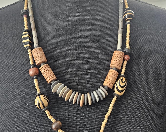 KG4 Two Carved Wood Ceramic Clay Beaded Necklaces - Etsy