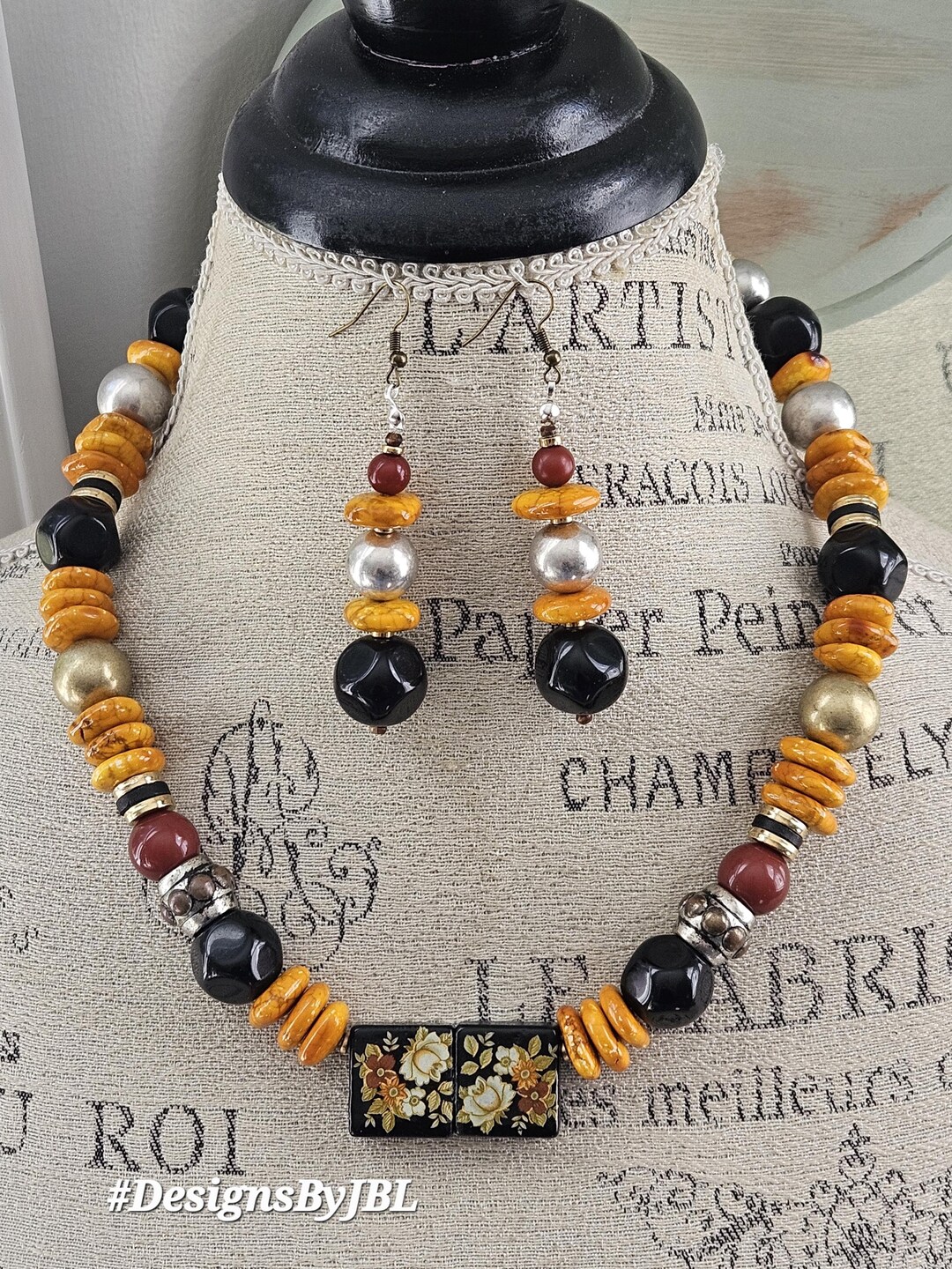 JBL12 Handcrafted by "jbl" Rich Autumn Gold Tone Black Beaded Necklace ...