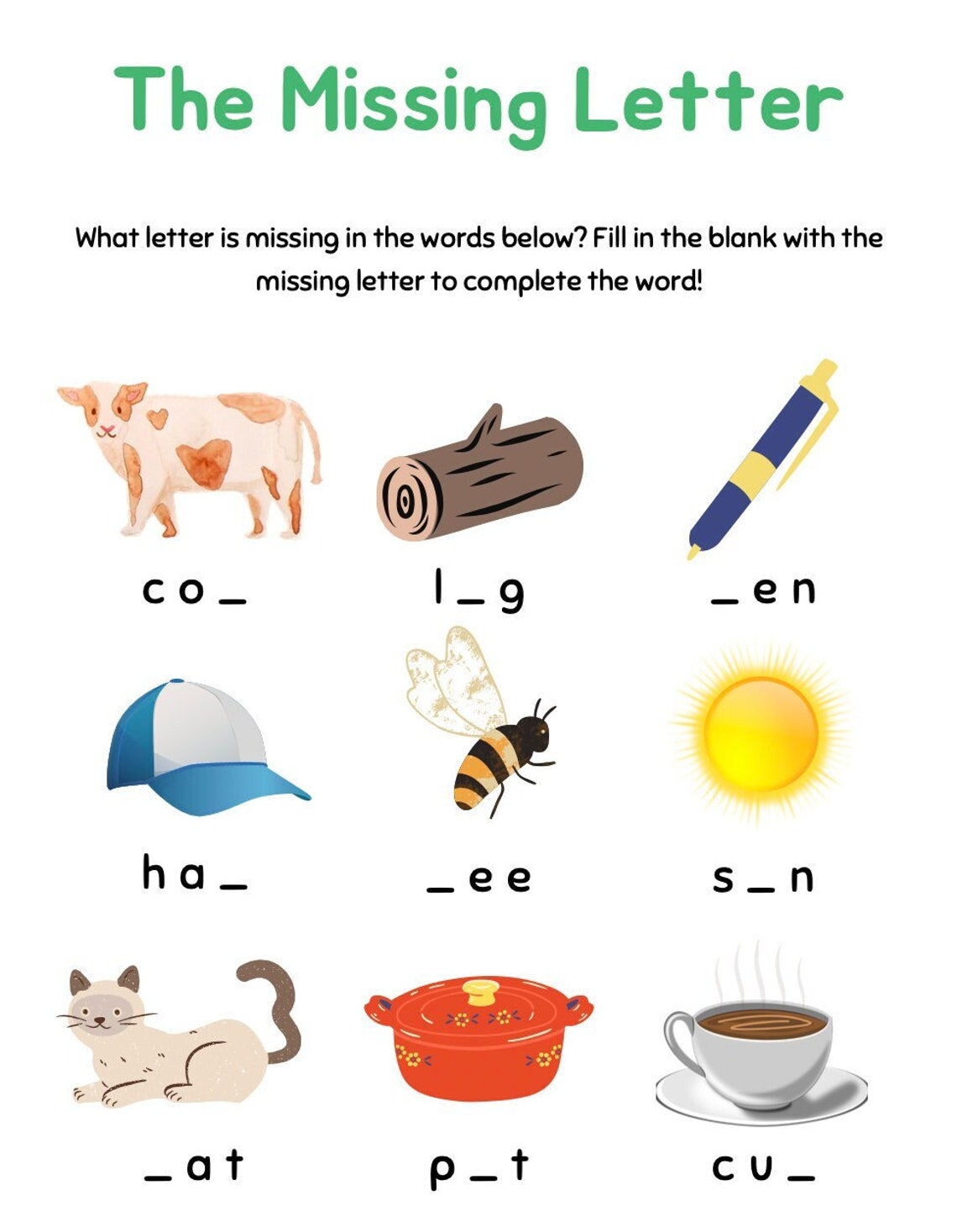 Find the Missing Letter Worksheets - Etsy