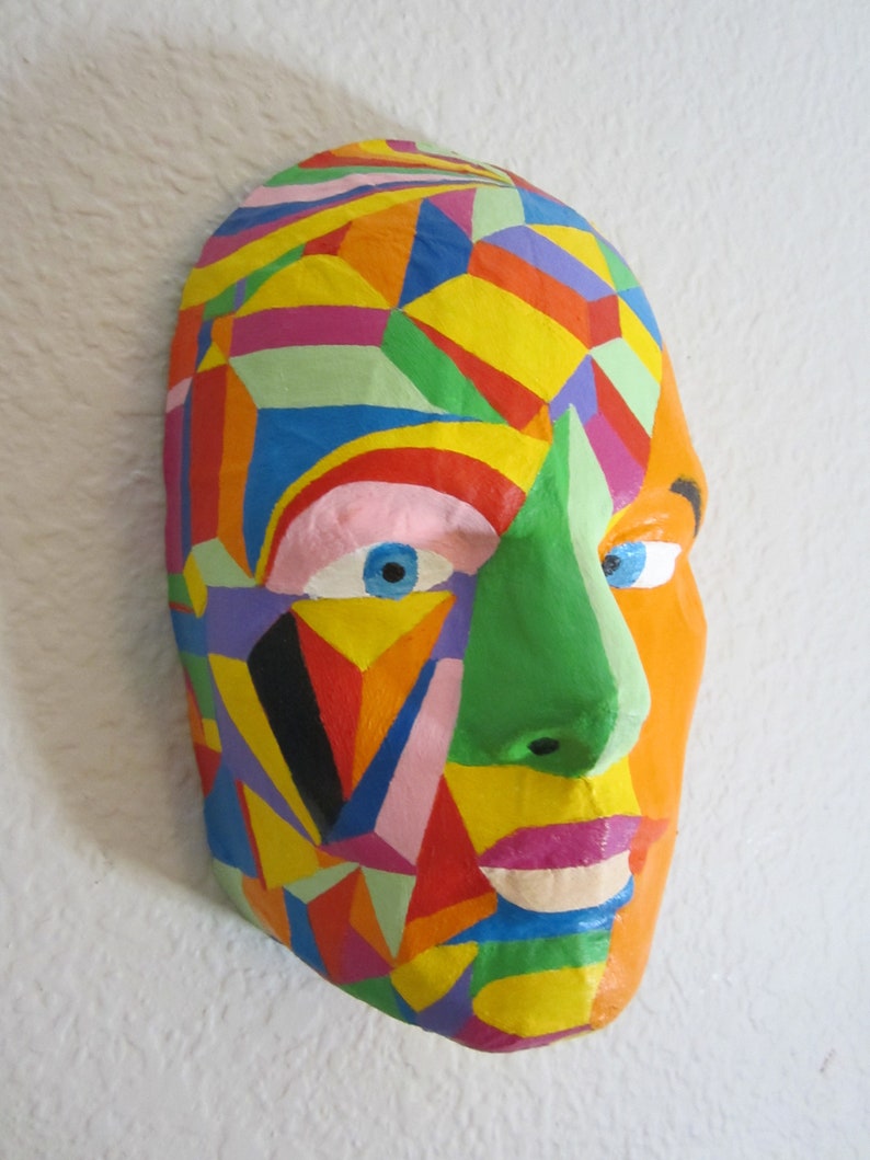 Hand Painted Mask Face Folk Art Wall Art Modern Cubist Pop Art Style ...