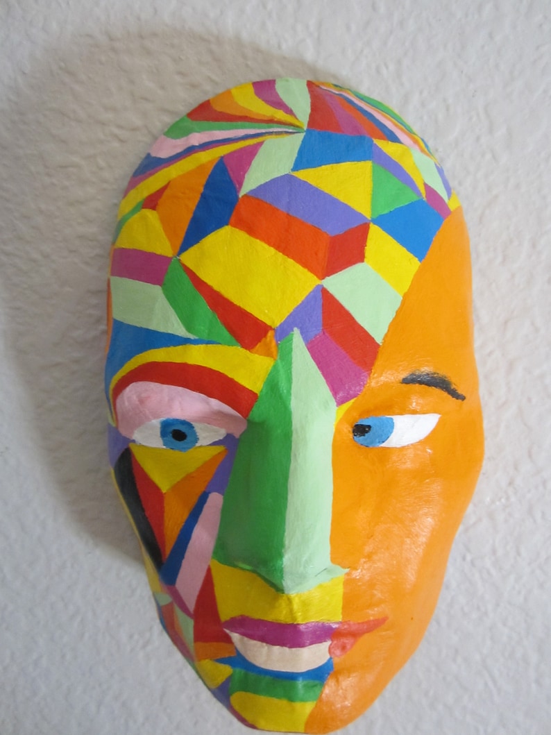 Hand Painted Mask Face Folk Art Wall Art Modern Cubist Pop Art Style ...