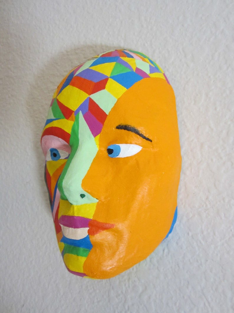 Hand Painted Mask Face Folk Art Wall Art Modern Cubist Pop Art Style ...