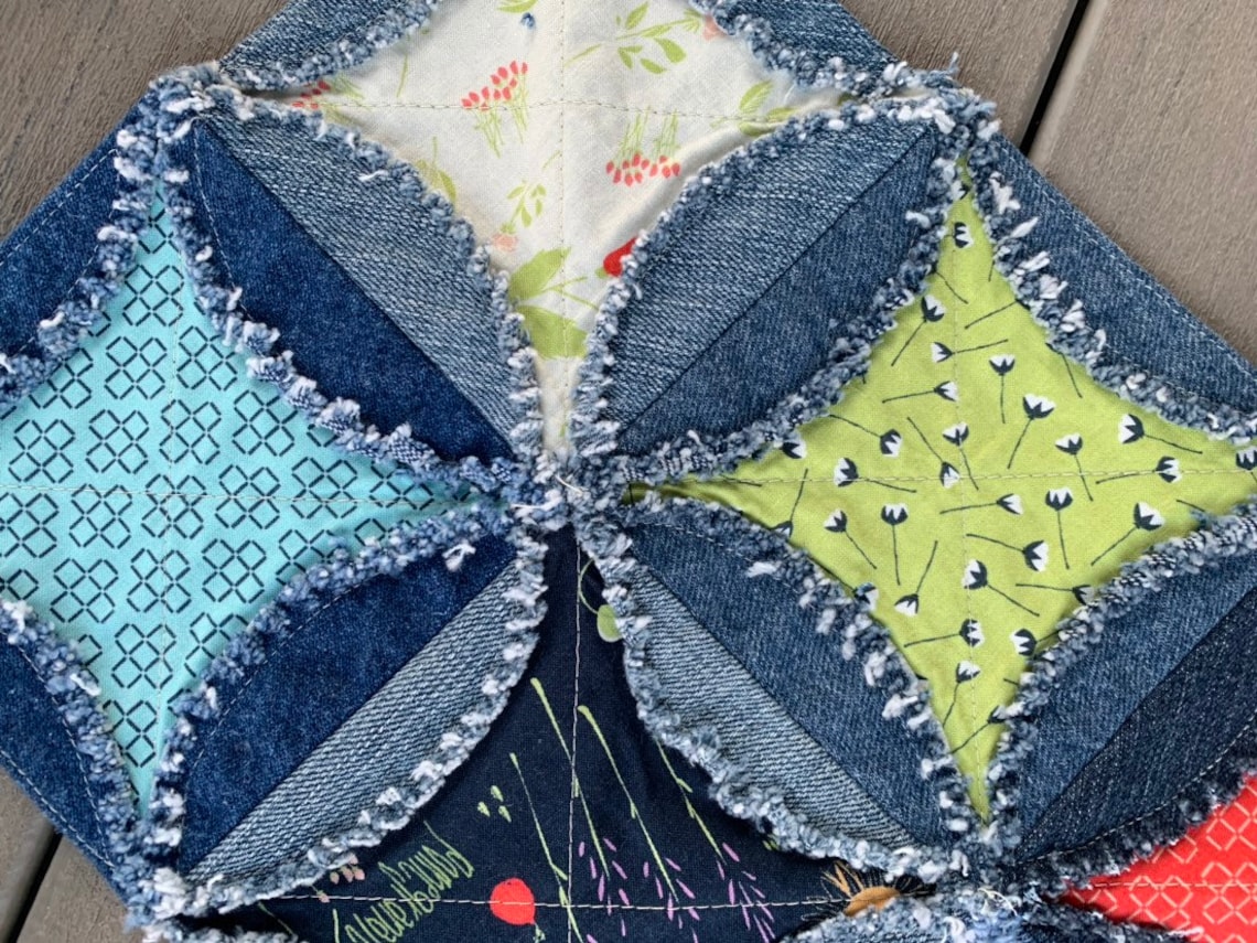 Rag Quilt Runner Raggy Denim Bright Table Runner Handmade Cathedral ...