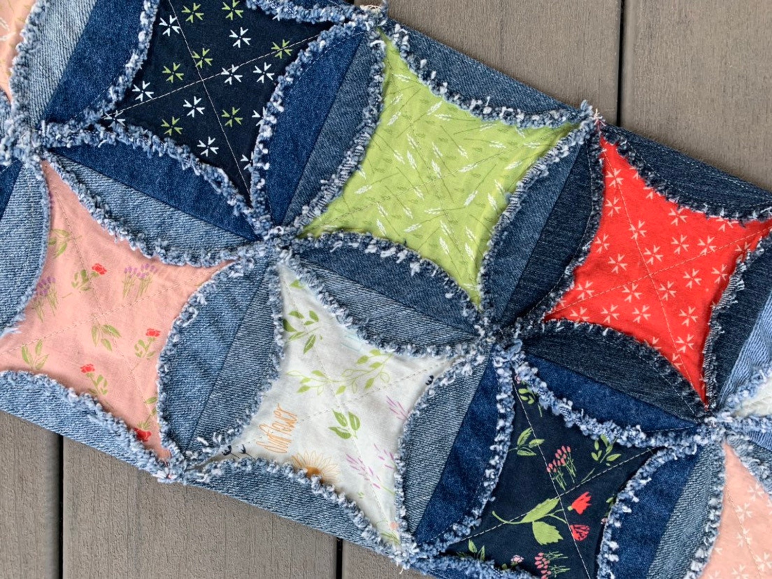 Rag Quilt Runner Raggy Denim Bright Table Runner Handmade Cathedral ...