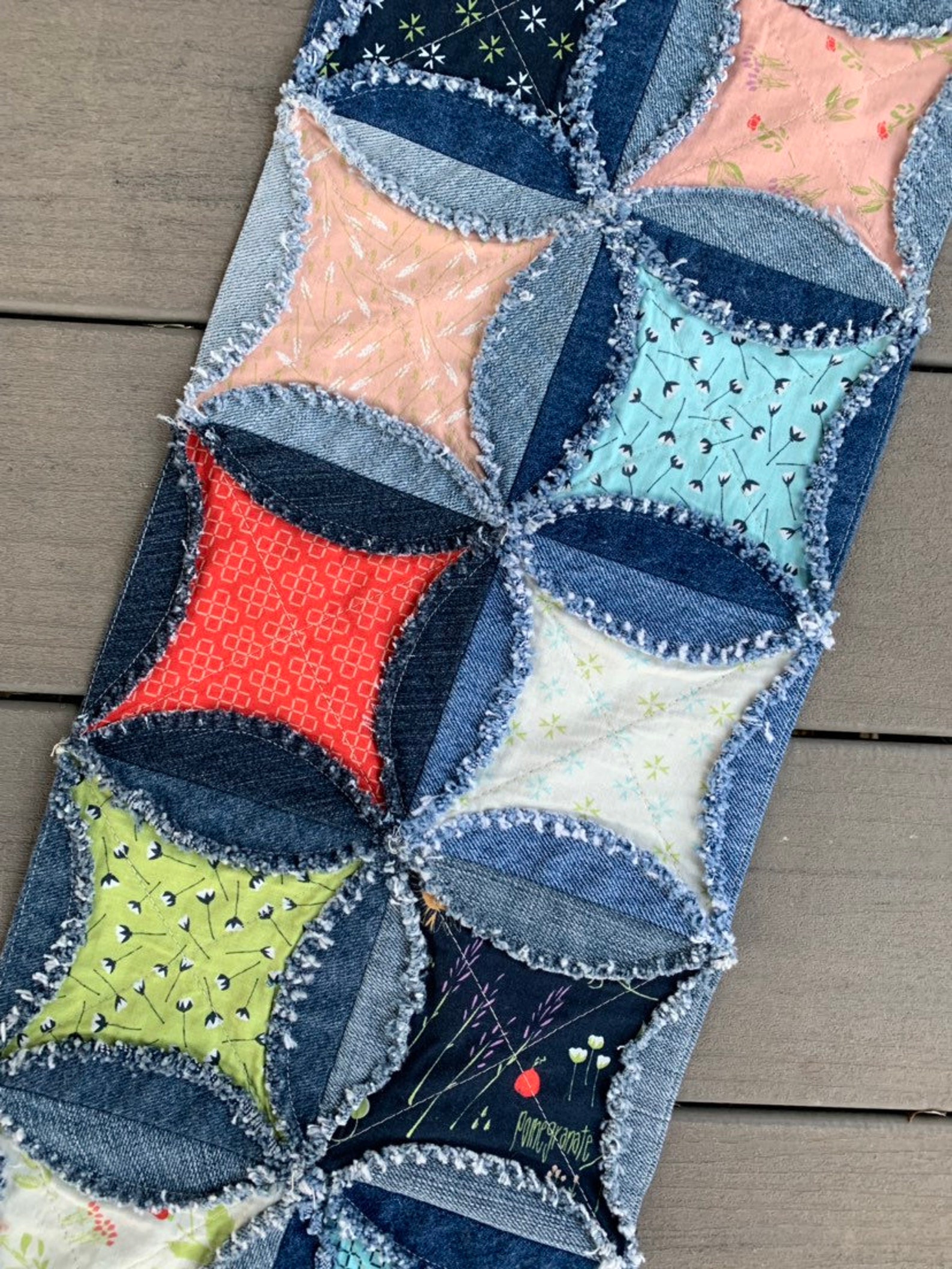 Rag Quilt Runner Raggy Denim Bright Table Runner Handmade Cathedral ...