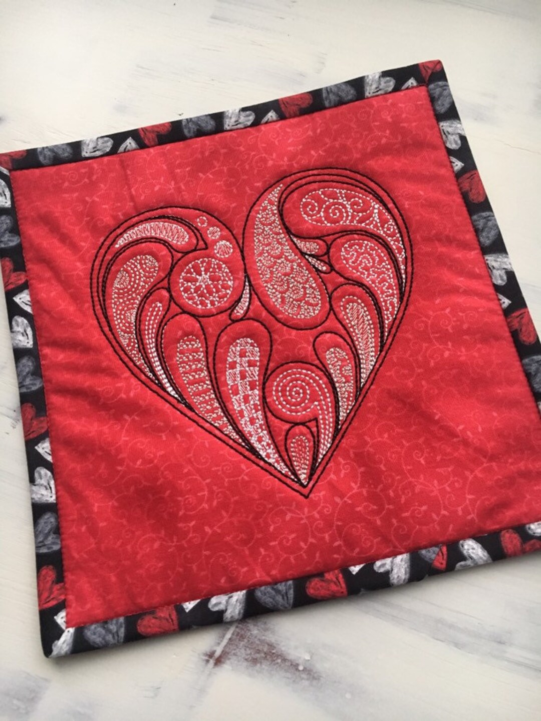 Quilted Valentine Mug Rug Oversized Artsy Heart Coaster Fancy Heart ...