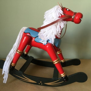 Vintage Red Wooden Rocking Horse With Yarn Mane and Tail. Painted Red ...