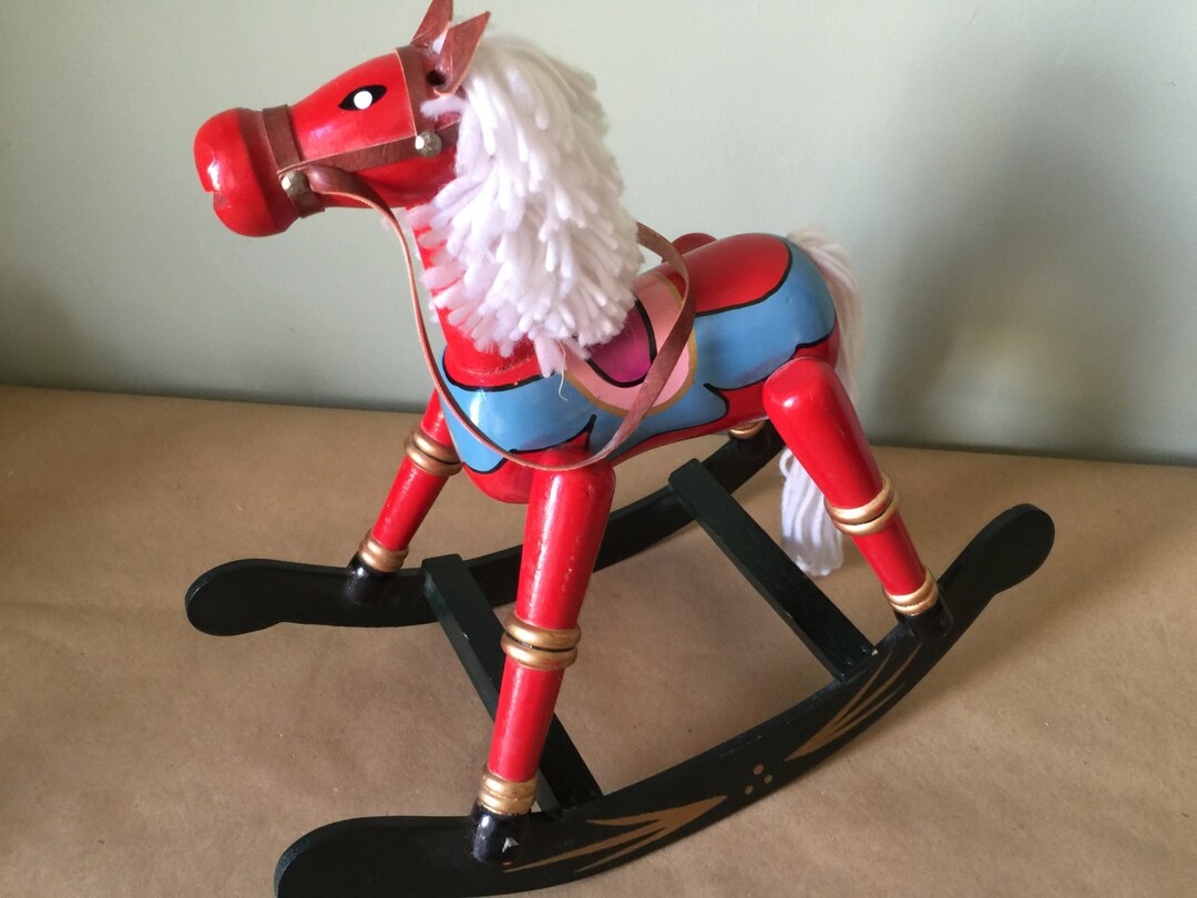 Vintage Red Wooden Rocking Horse With Yarn Mane and Tail. Painted Red ...