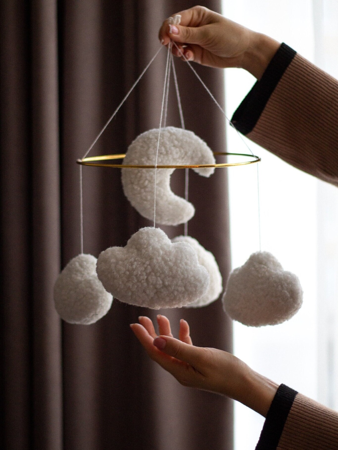 Neutral Nursery Mobile, Boucle Cloud Moon Baby Mobile, Crib Mobile ...