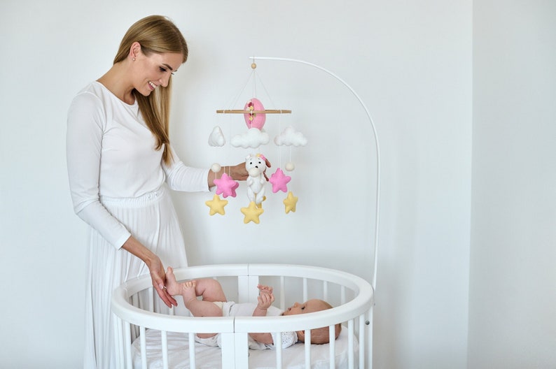 Baby Girl Mobile, White Bunny Mobile Girl, Pink Nursery Mobile, Cot ...