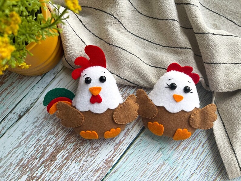 Handmade Felt Chicken and Rooster Ornaments, Unique Handcrafted Easter ...