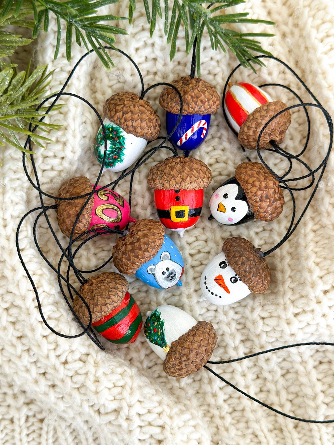 Christmas Acorn Ornaments Set of 10 Hand Painted Multi-colored Acorns ...