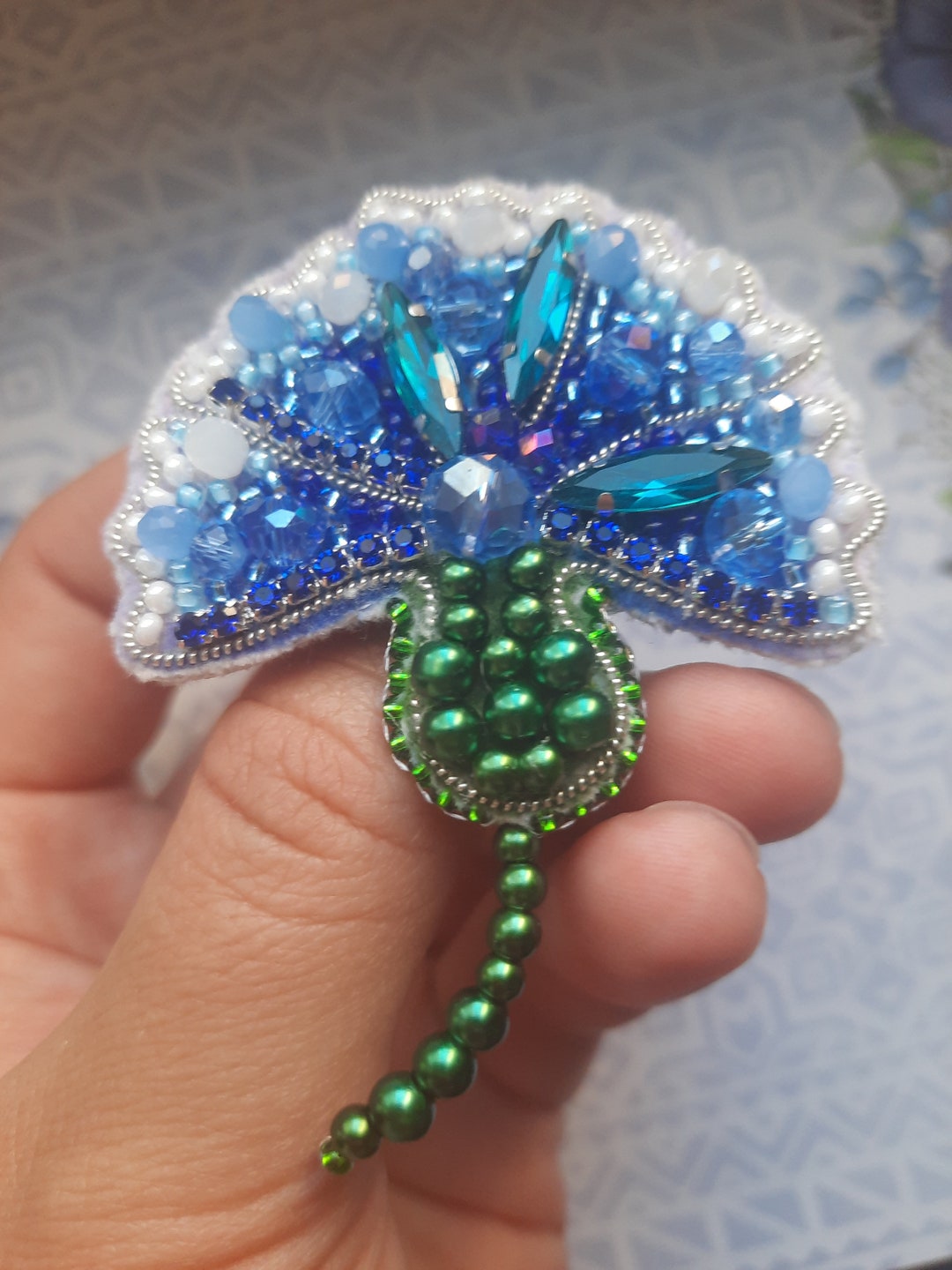 Embroidered Brooch Cornflower Blue Green Pin Bluet Summer Flower ...