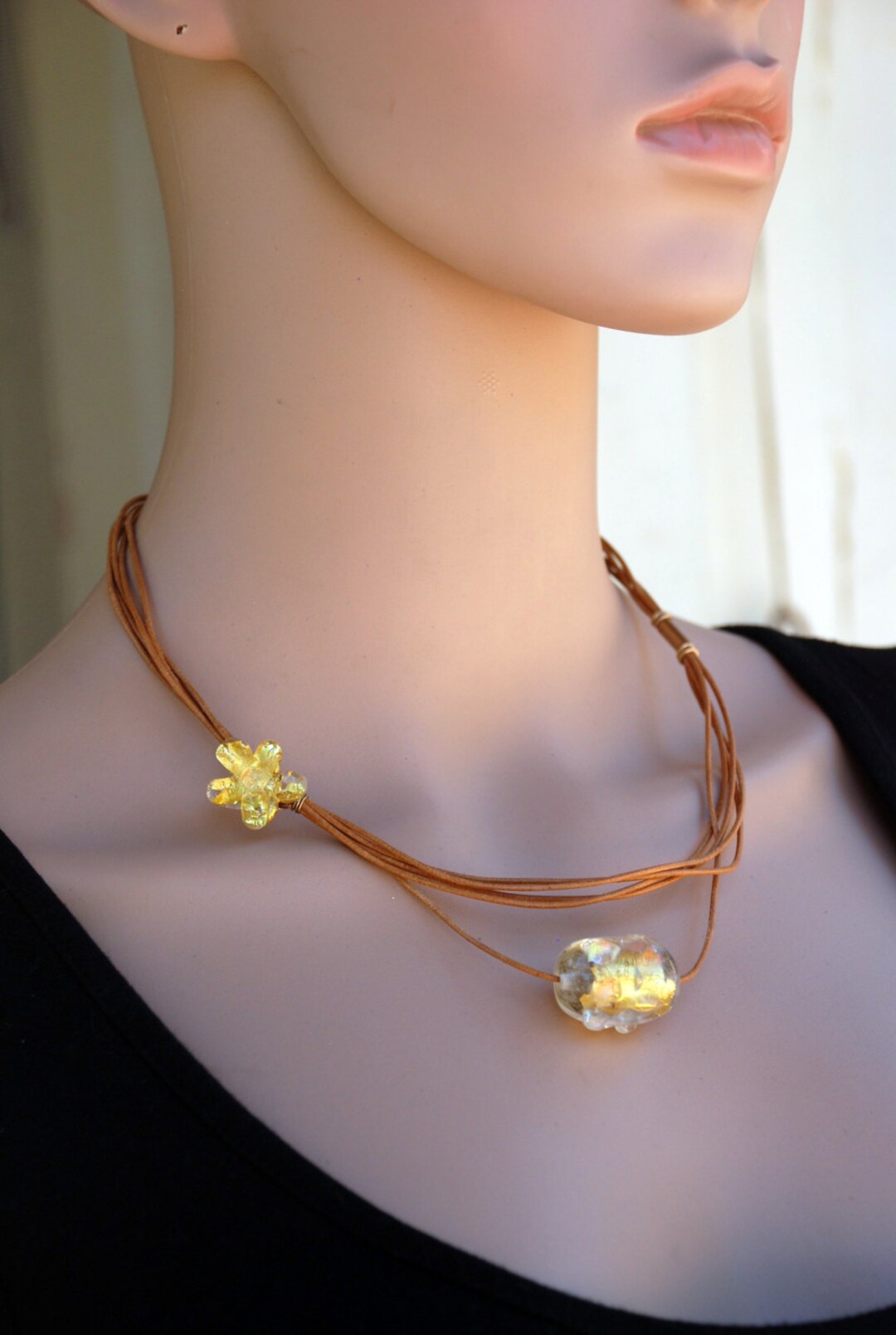 Leather Strings Necklace, Floral Bead Necklace, Murano Glass Necklace ...