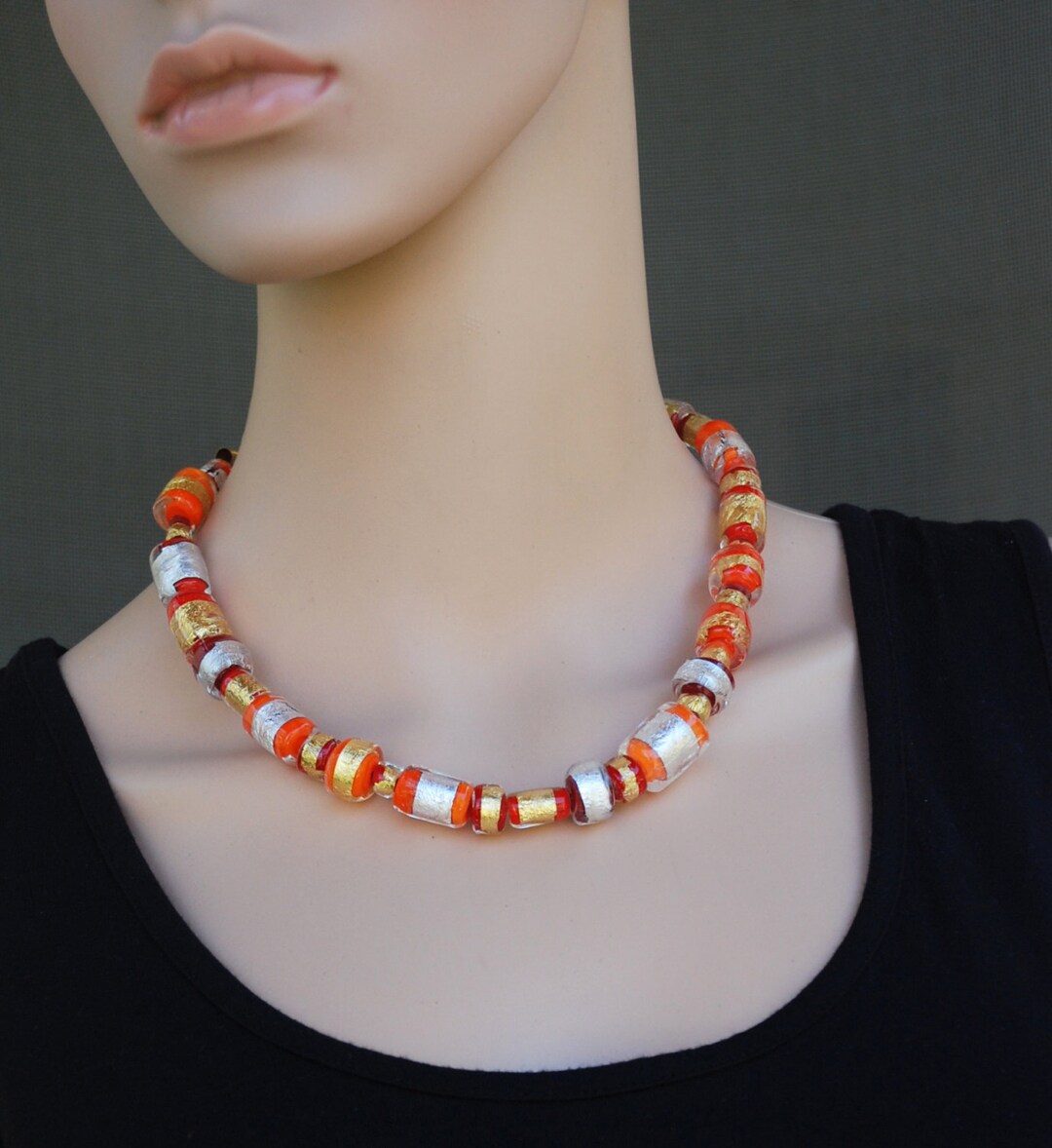 Red Glass Necklace, Lampwork Bead Necklace, Orange Murano Glass ...
