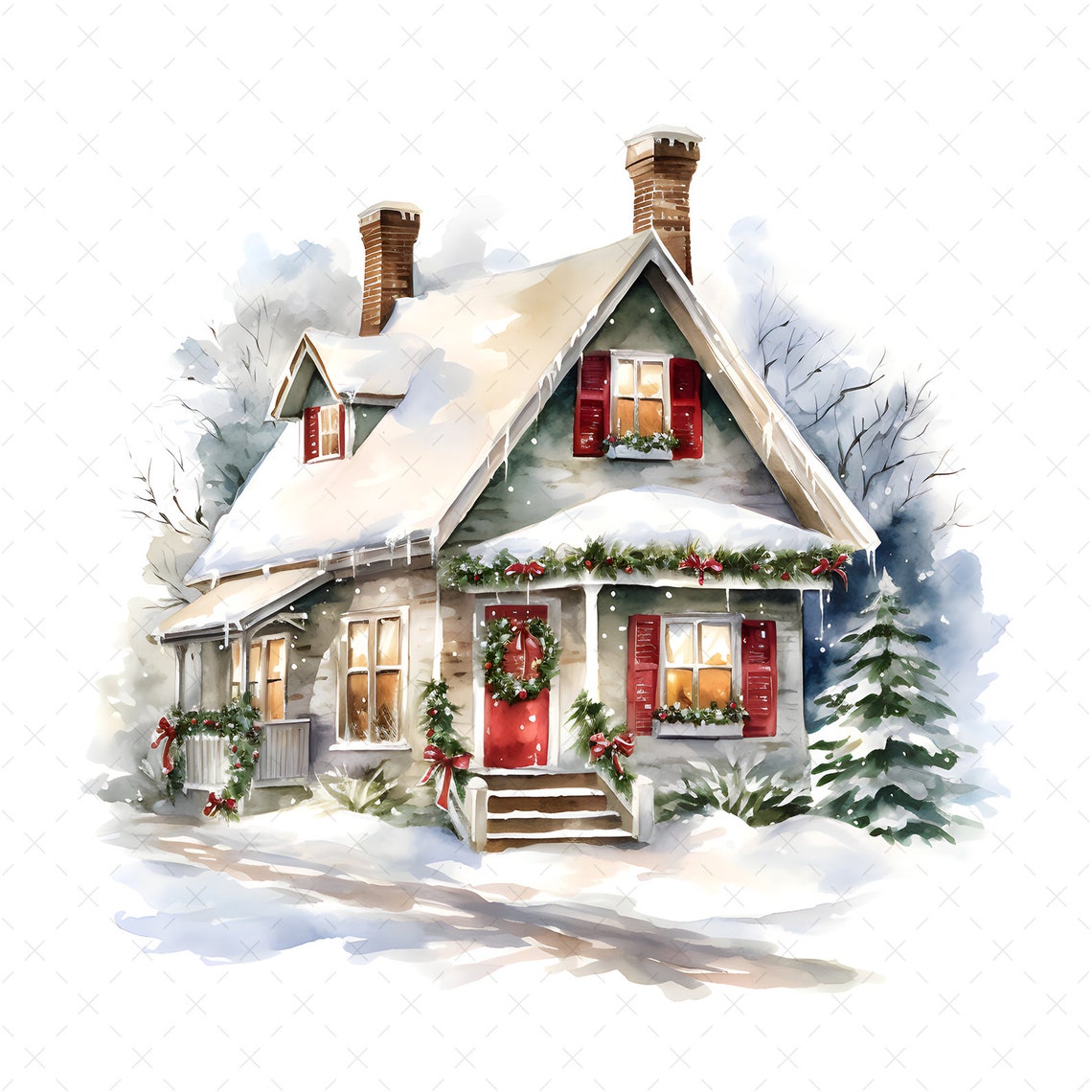 Christmas Homes Clipart 14 High Quality Jpgs Snow Scene Cosy Watercolor ...