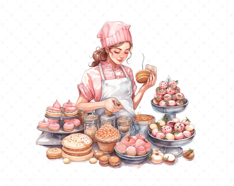 Pastry Chef Clipart 6 High Quality Jpgs Female Baker Watercolor Art ...