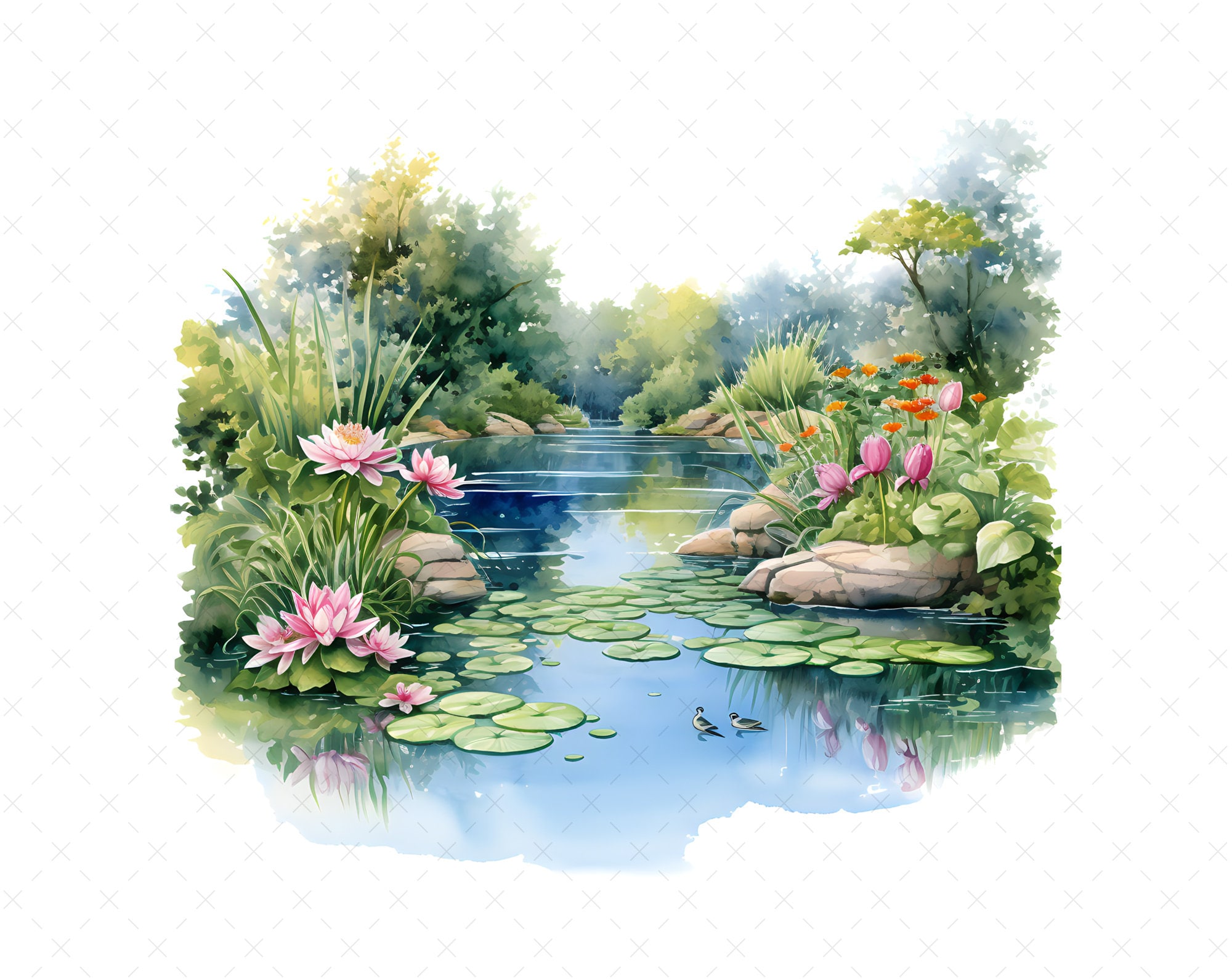 Garden Pond Clipart 8 High Quality Jpgs Watercolor Landscape Art Craft ...