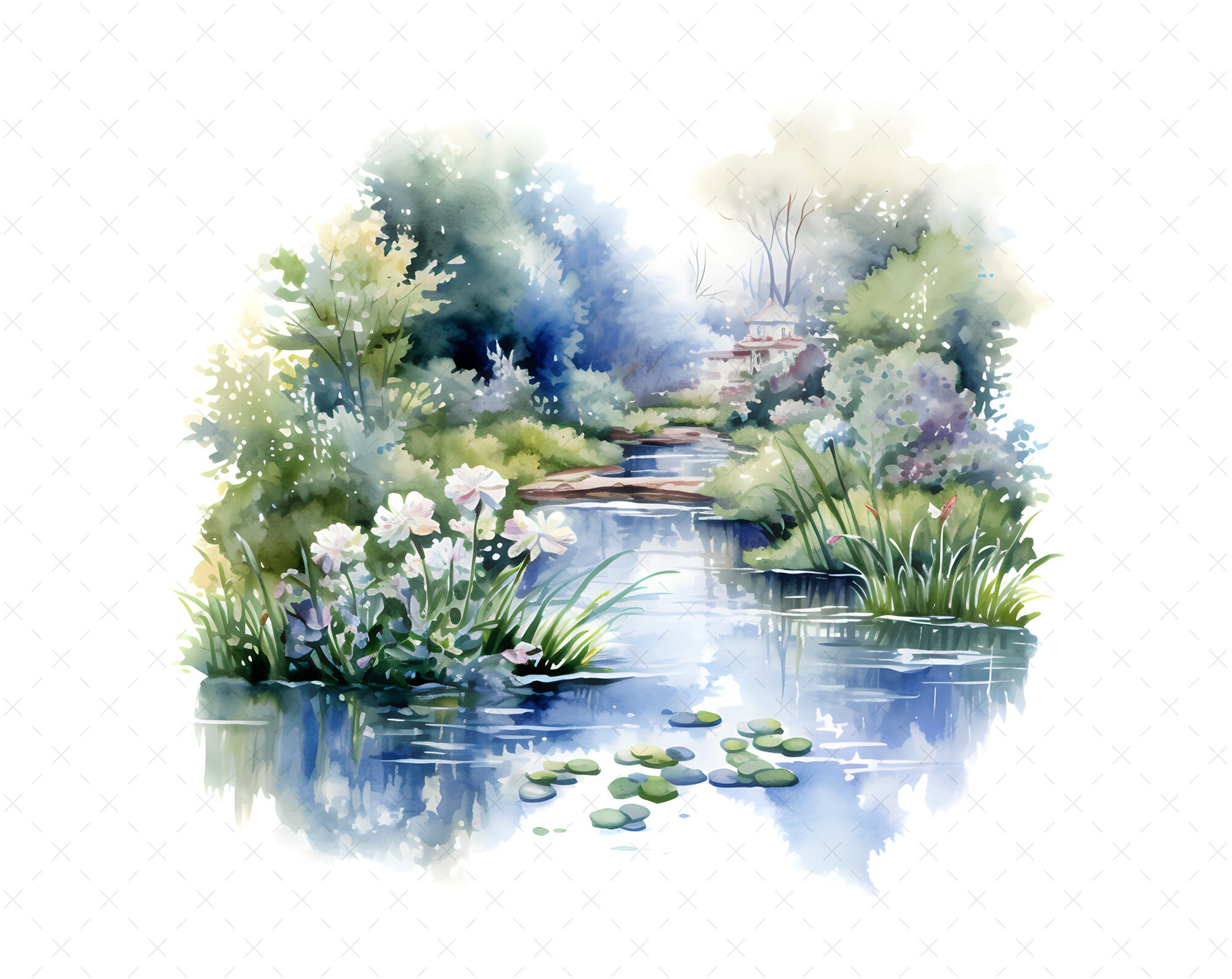 Garden Pond Clipart 8 High Quality Jpgs Watercolor Landscape Art Craft ...