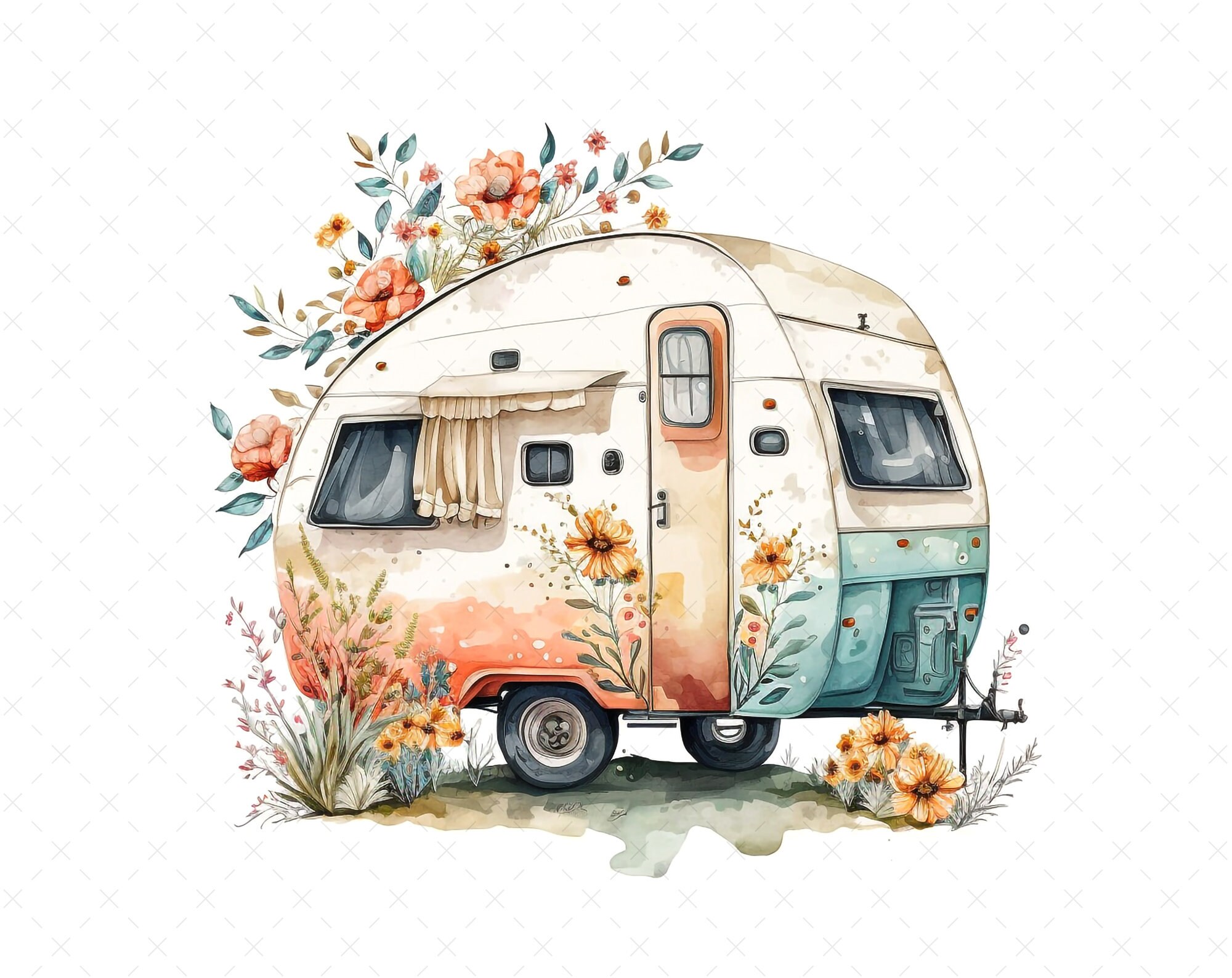 Caravan Clipart 8 High Quality Jpgs Vintage Camping Holiday Watercolor ...