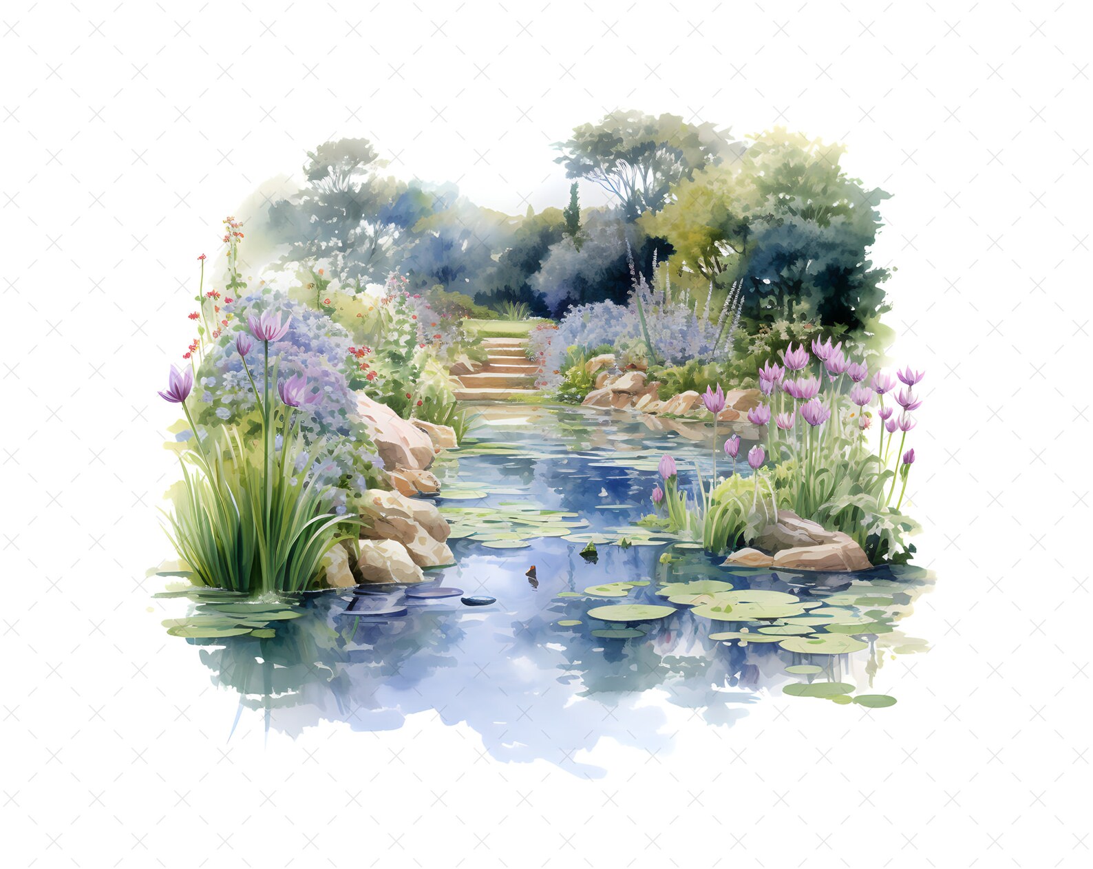 Garden Pond Clipart 8 High Quality Jpgs Watercolor Landscape Art Craft ...