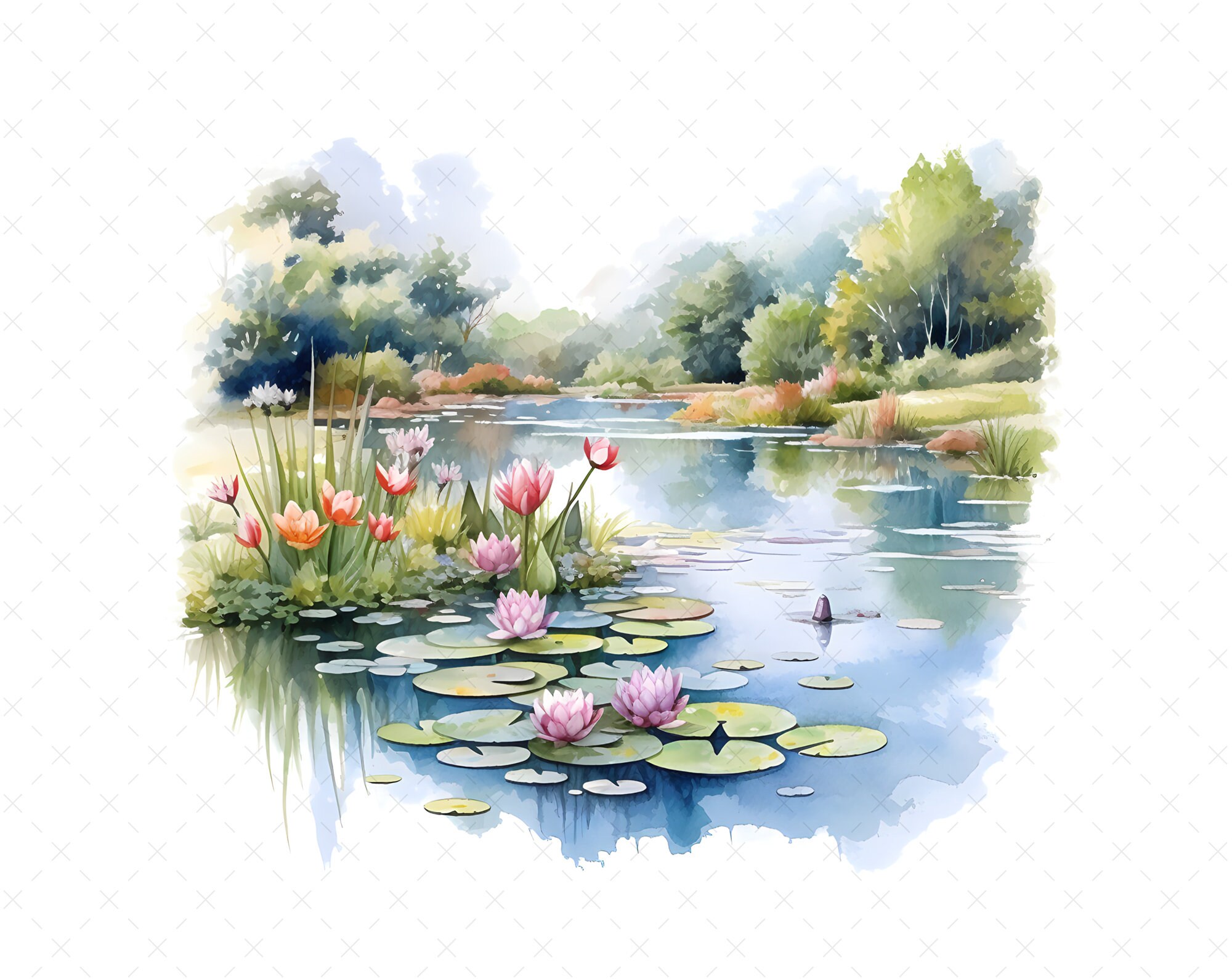 Garden Pond Clipart 8 High Quality Jpgs Watercolor Landscape Art Craft ...
