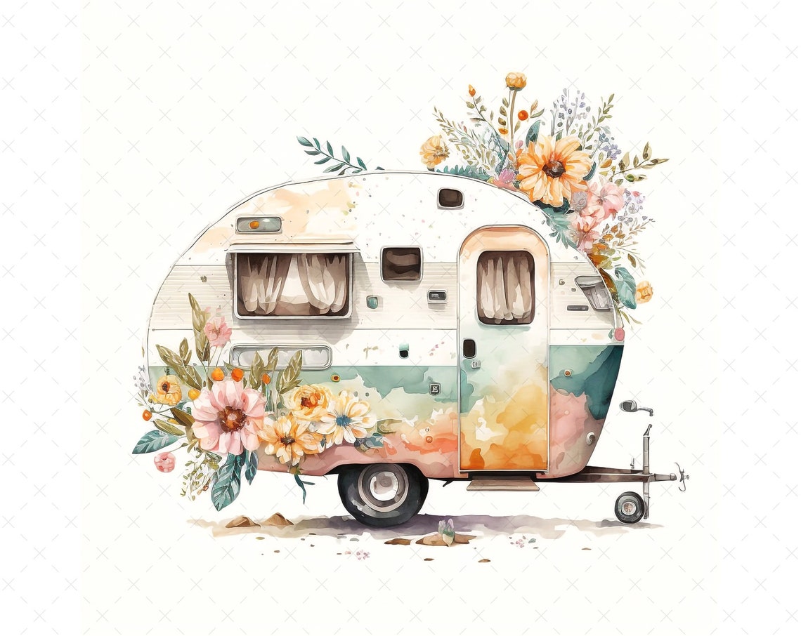 Caravan Clipart 8 High Quality Jpgs Vintage Camping Holiday Watercolor ...