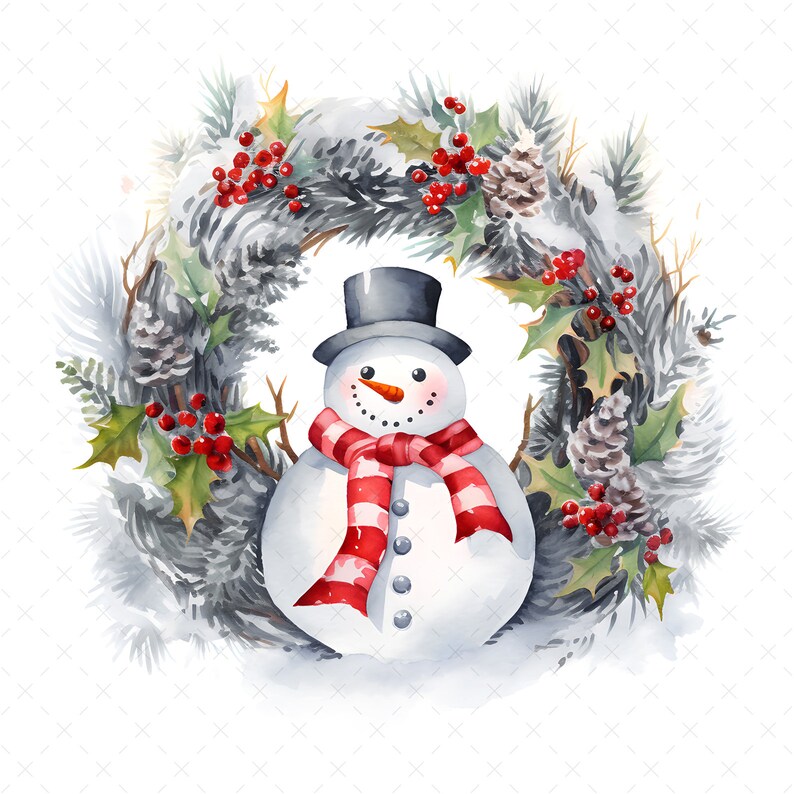 Snowman Wreaths Clipart 8 High Quality Jpgs Vintage Christmas Holly ...